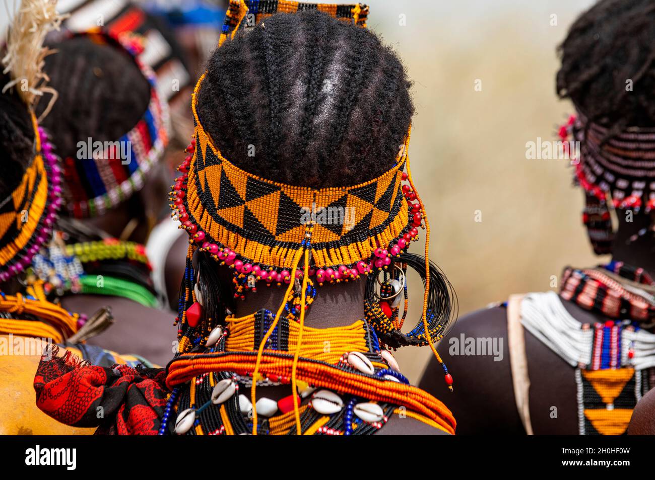 Backside from a traditional dressed women of the Jiye tribe dancing and ...