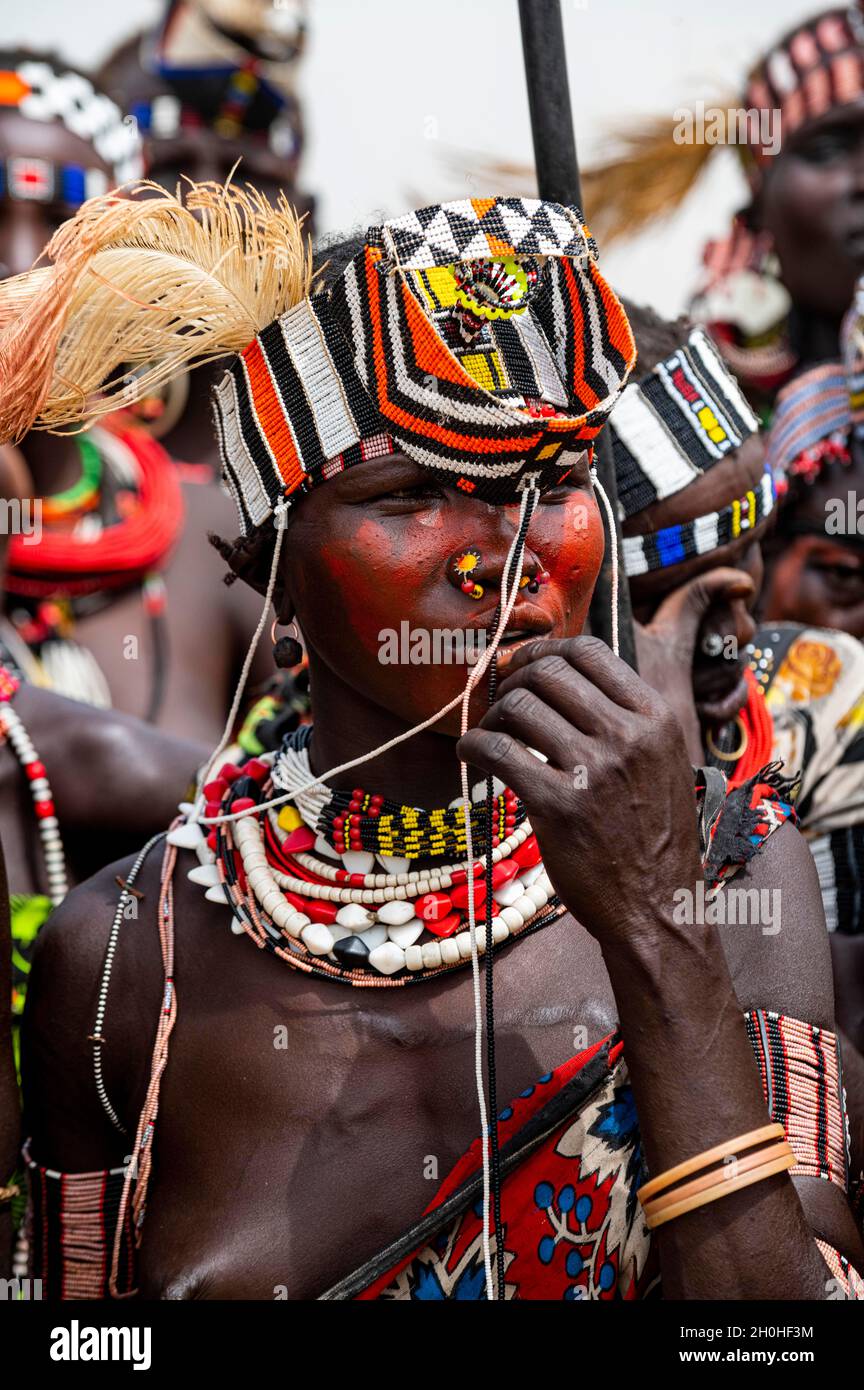 Traditional dressed woman of the Jiye tribe, Eastern Equatoria State ...