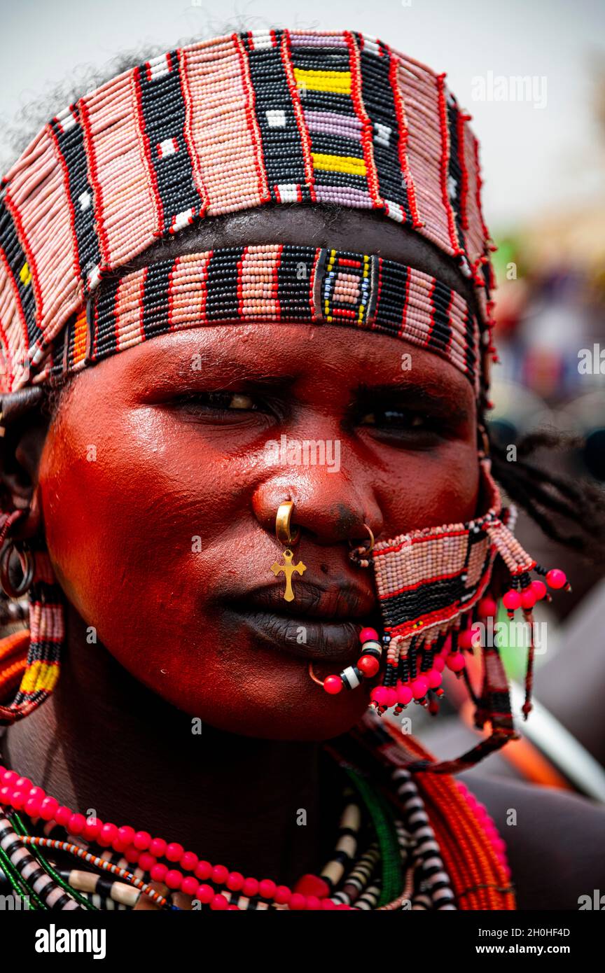 Traditional dressed woman of the Jiye tribe, Eastern Equatoria State ...