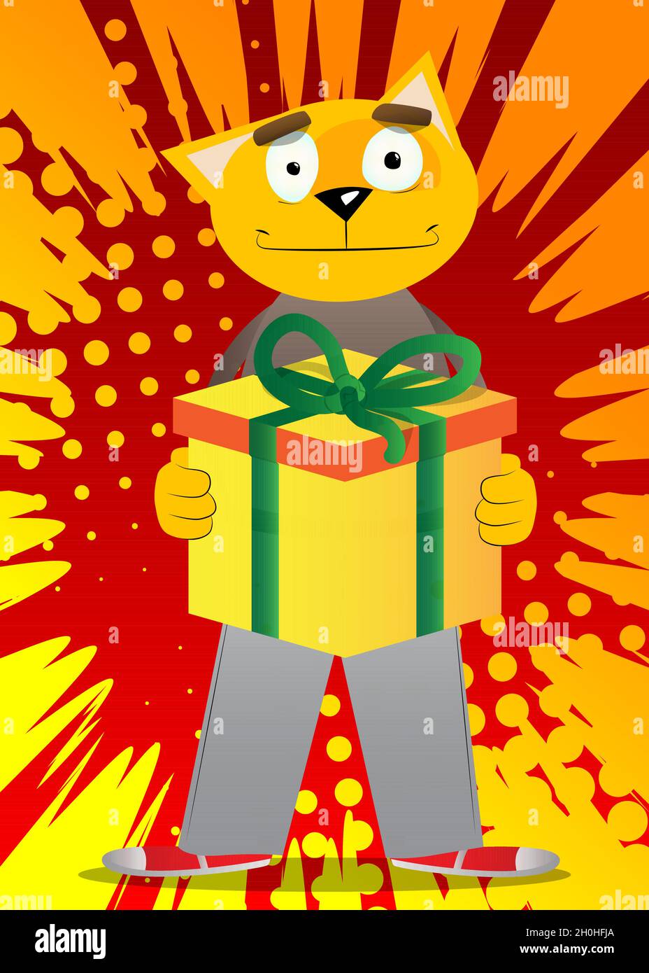 Funny cartoon cat holding big gift box. Vector illustration. Cute ...