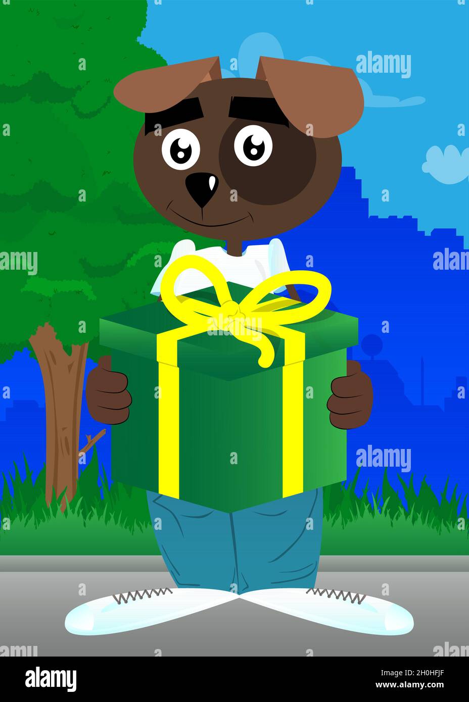 Funny cartoon dog holding big gift box. Vector illustration Stock ...