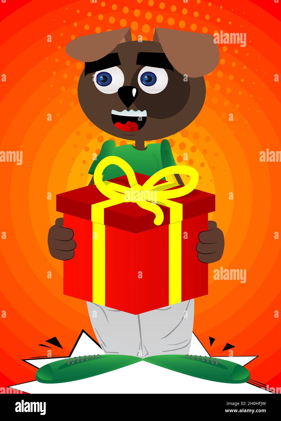 Funny cartoon dog holding big gift box. Vector illustration Stock ...