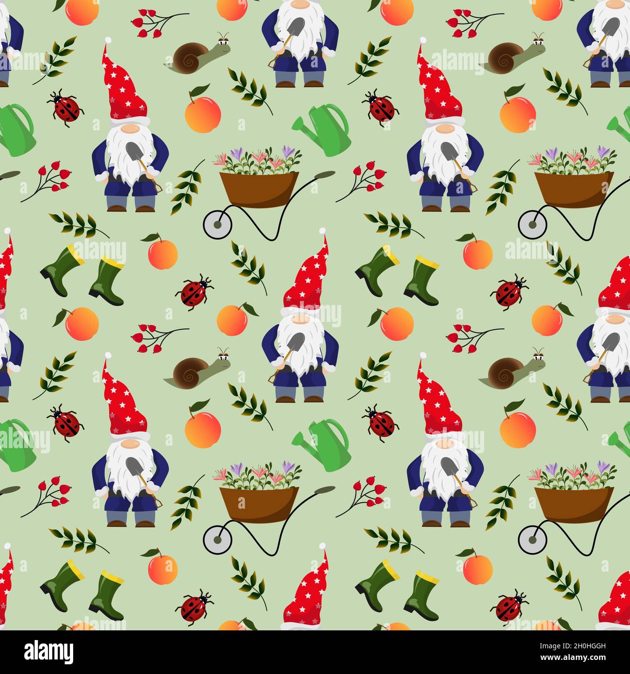 Pattern with garden gnomes. Trolley with flowers, fruits and insects in ...
