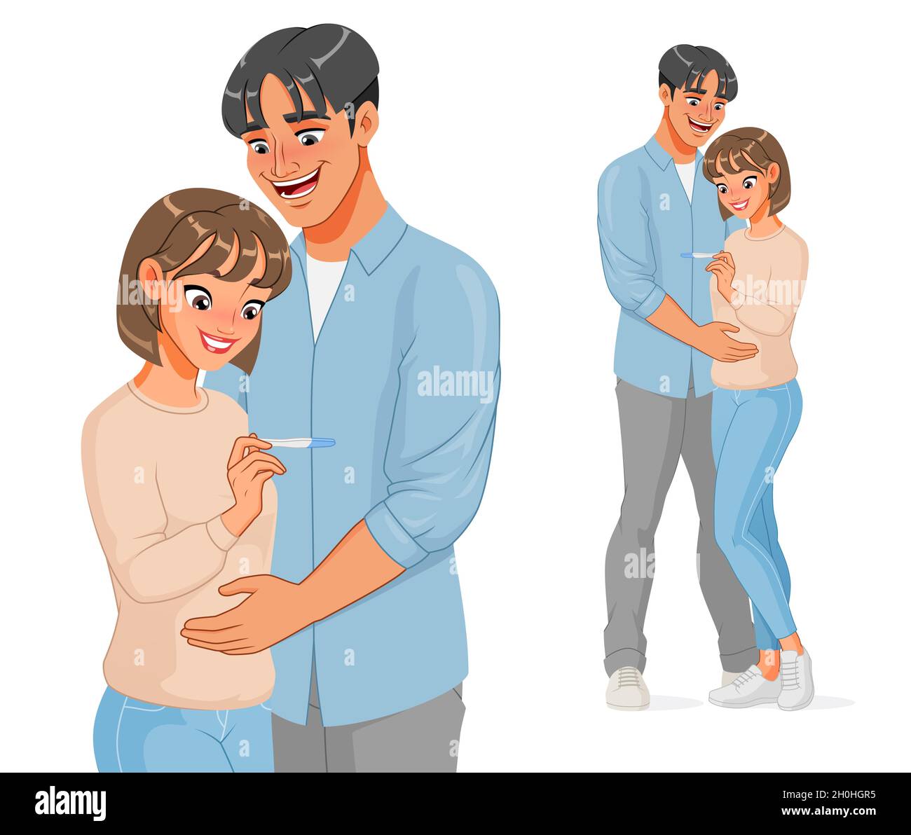 Happy Pregnant Asian Couple With Pregnancy Test Vector Illustration