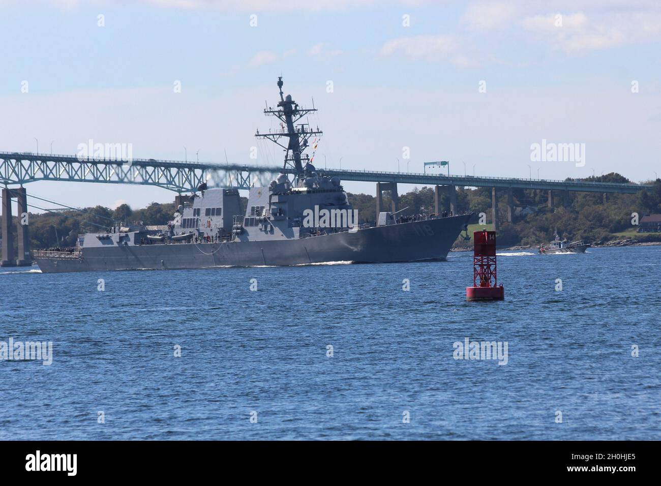 PCU USS Daniel Inouye (DDG 118) passes beneath the Clairborne Pell ...