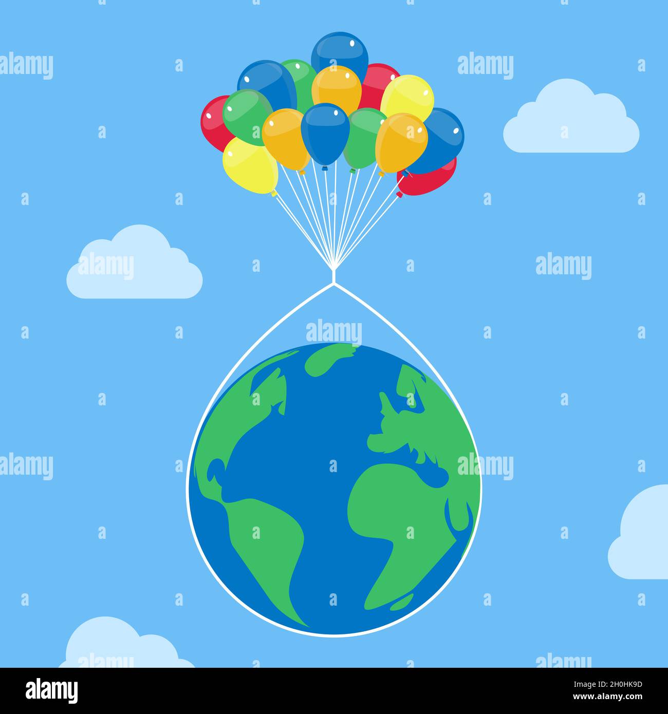 Planet Earth flying with colorful balloons in the sky. Conceptual ...