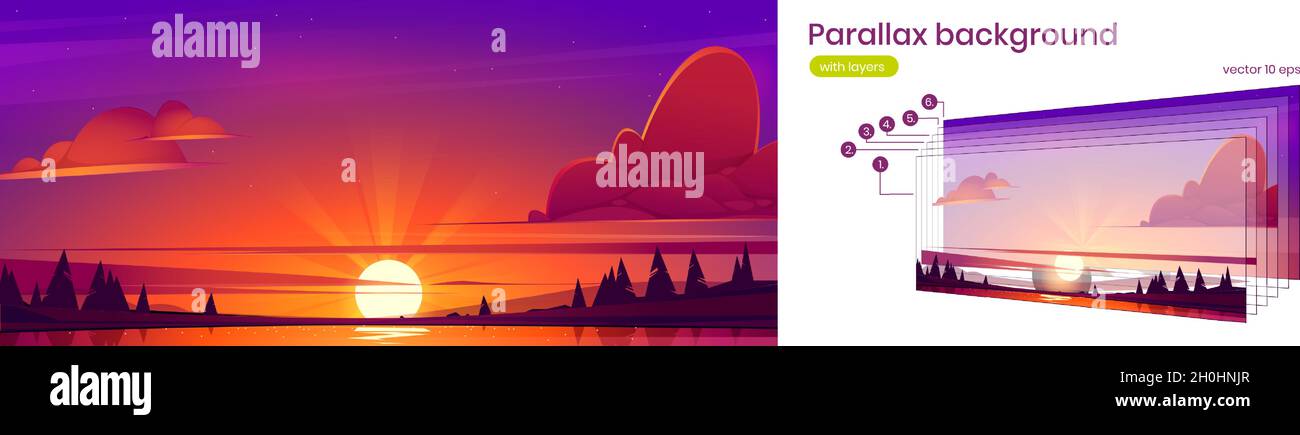 Sunset landscape with lake, sun on horizon and silhouettes of trees on ...