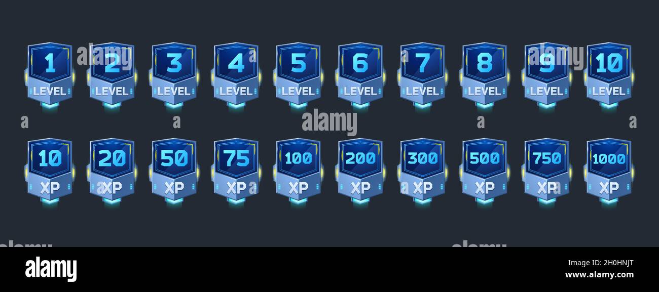 Futuristic badges with level number and experience points for game ui design. Vector cartoon ...