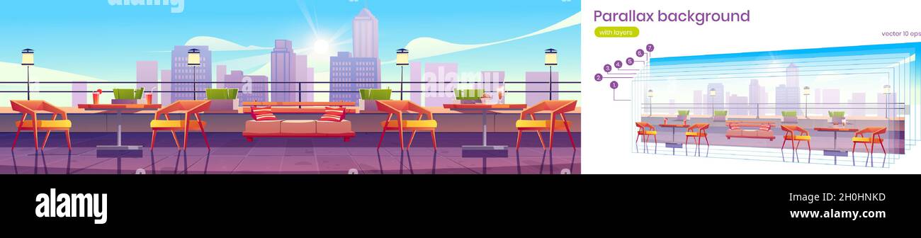 Restaurant on rooftop or building terrace with city view. Vector ...