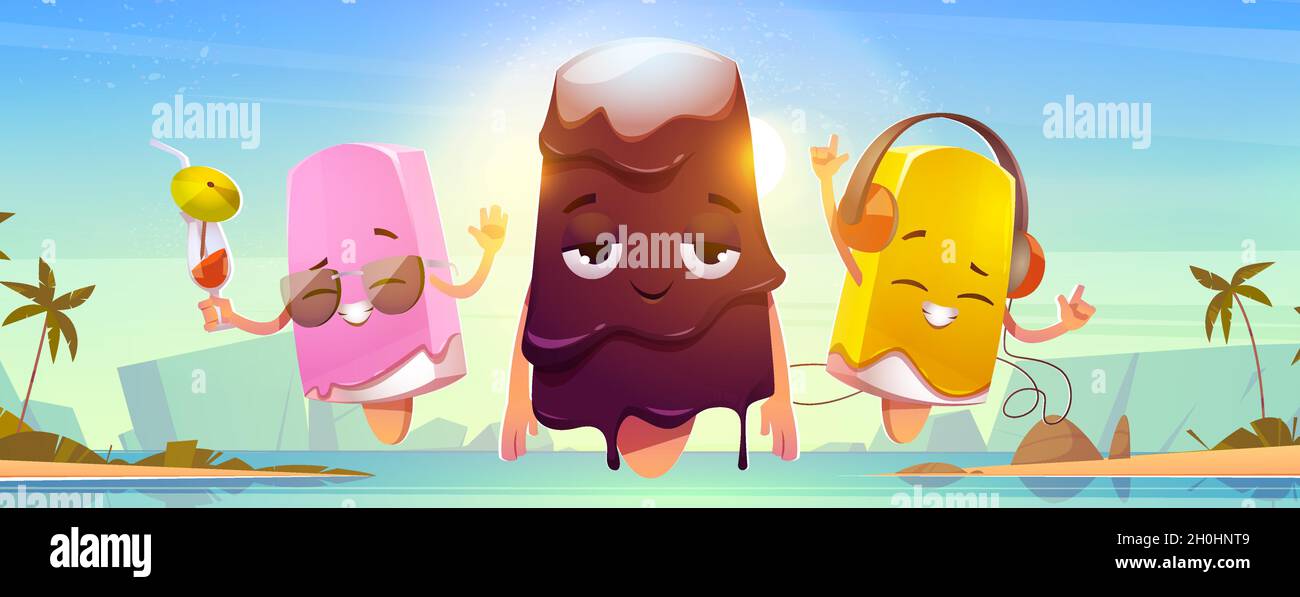 Ice cream characters on summer sea beach. Funny popsicle eskimo pies ...