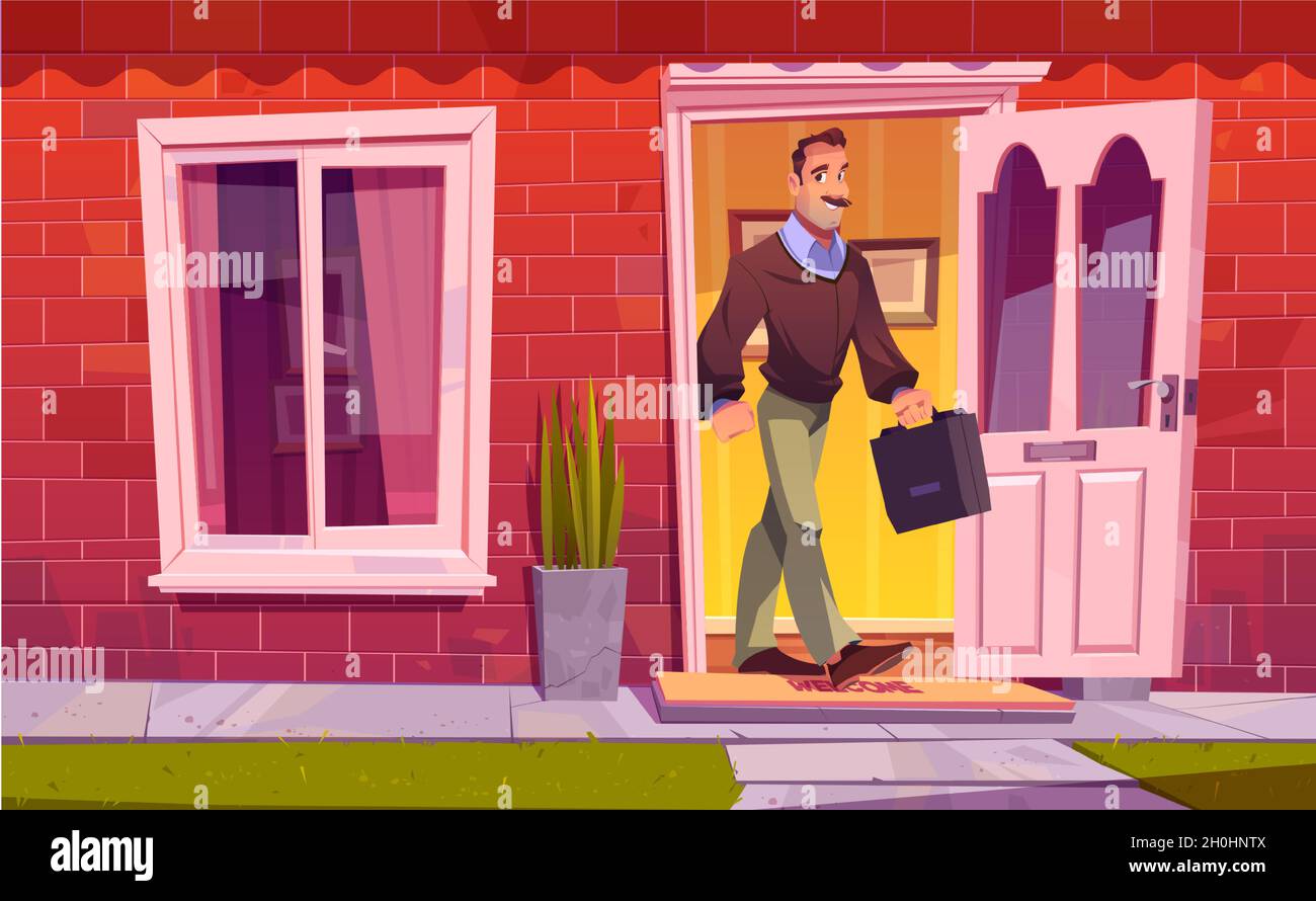 Man leaving home and going to work. Vector cartoon illustration with ...