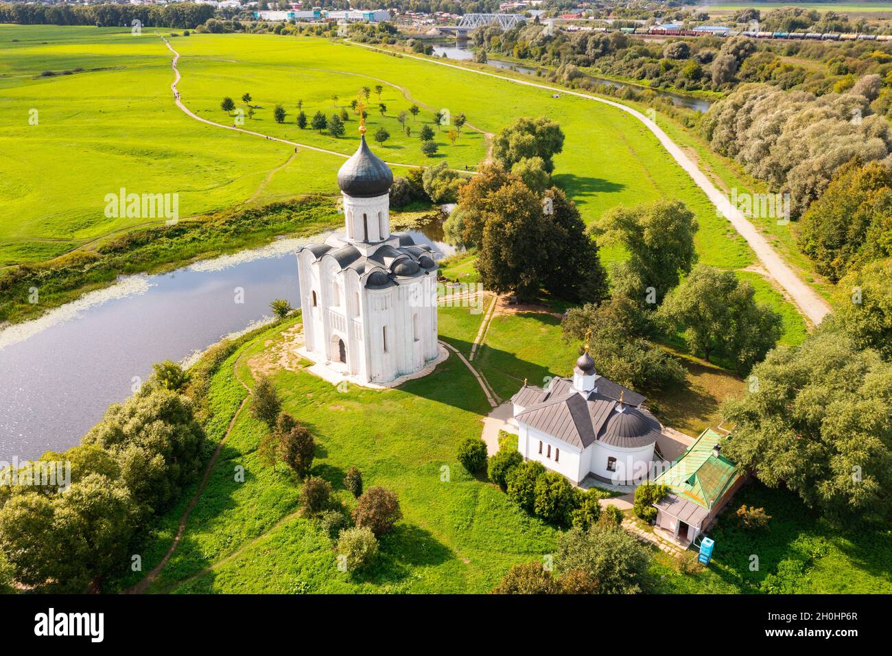 Drone view of the ancient Church of the Intercession on the Nerl in the ...
