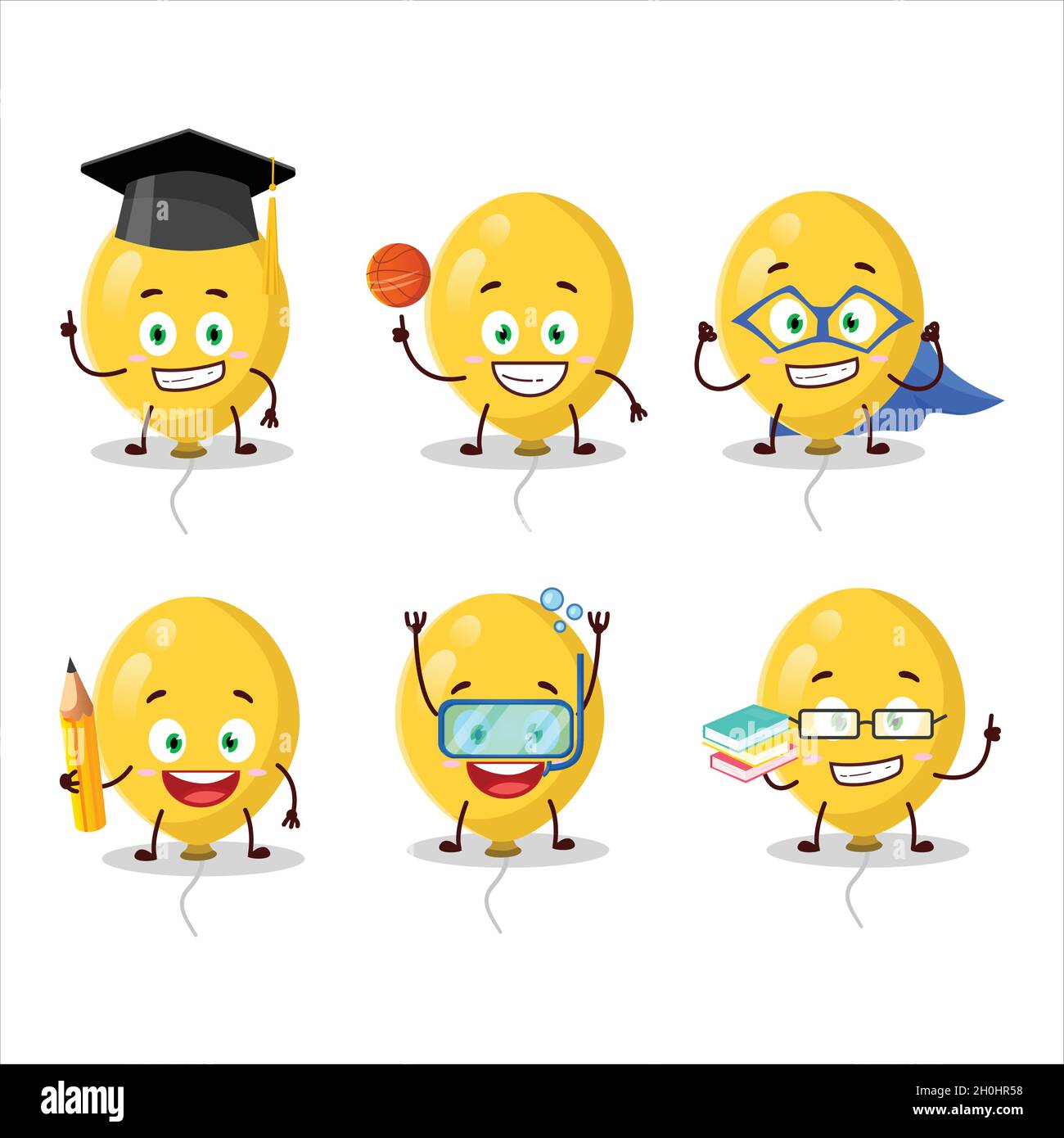 School student of yellow balloons cartoon character with various ...