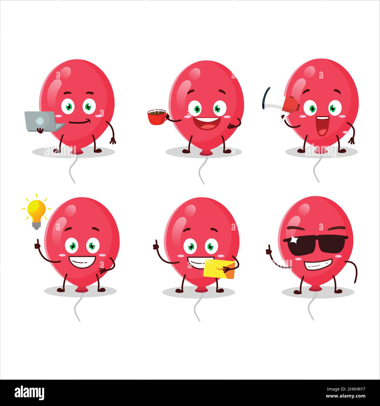 Red balloons cartoon character with various types of business emoticons ...