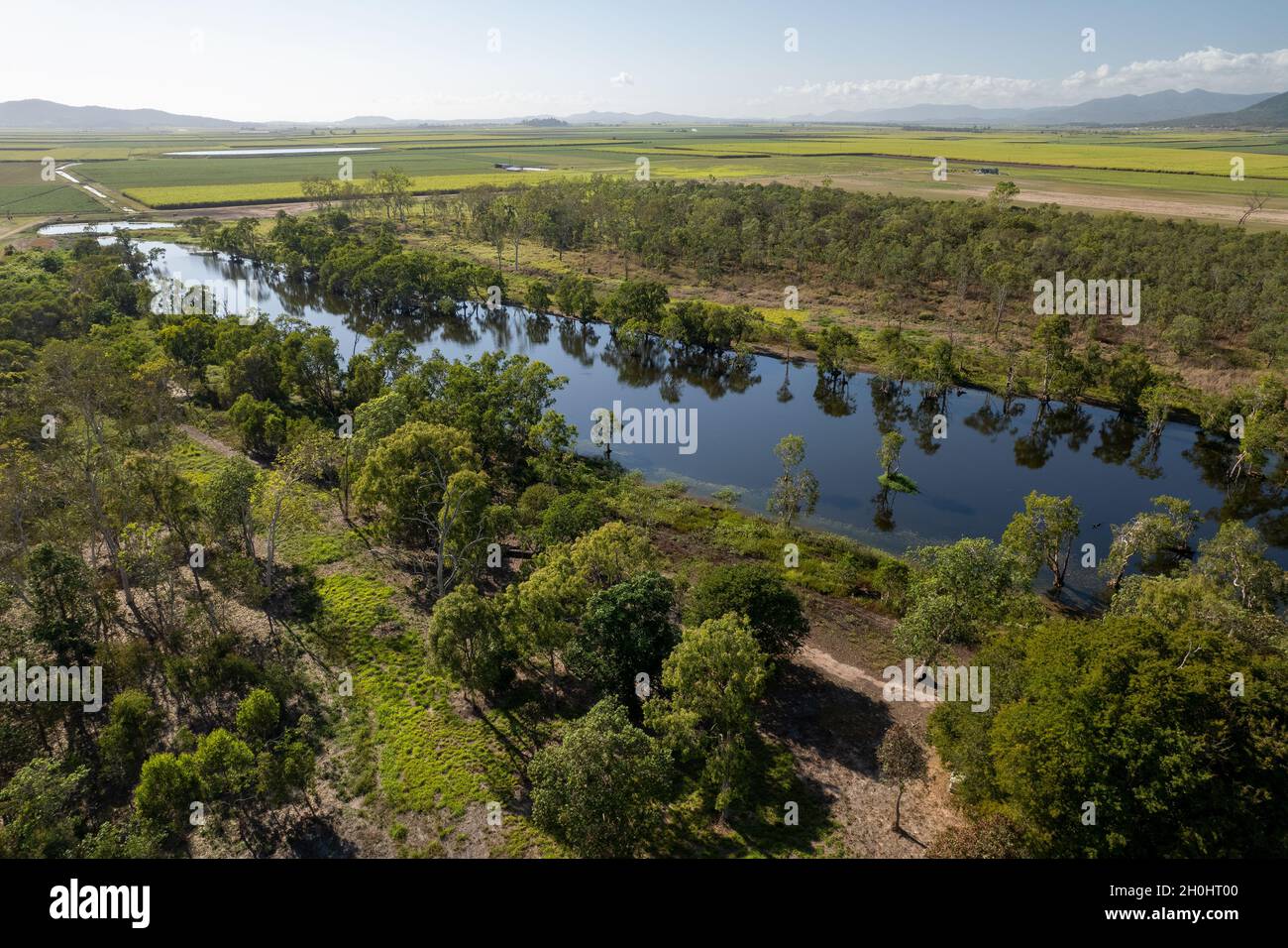 Aerial landscape by drone of a tree lined lagoon wildlife reserve ...