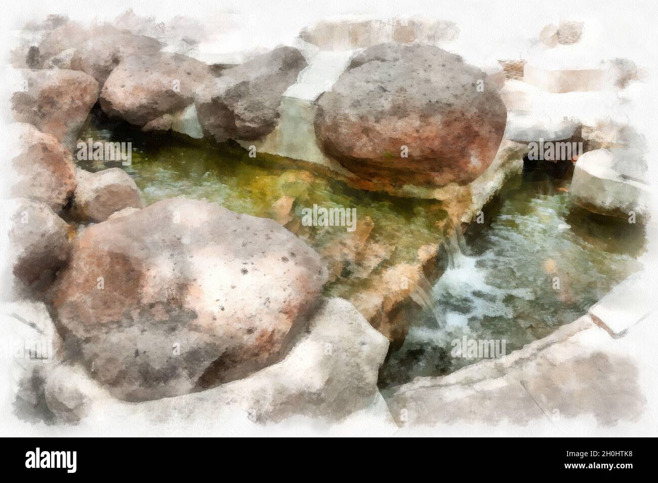 Stream and rocks watercolor style illustration impressionist painting ...