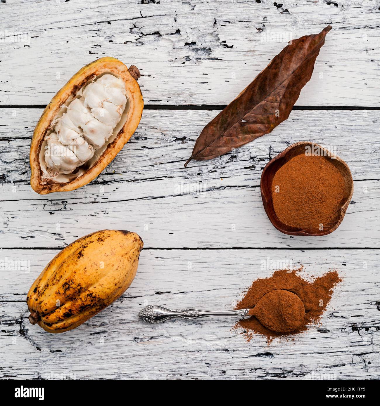 Ripe Indonesia's cocoa setup on rustic wooden background Stock Photo ...
