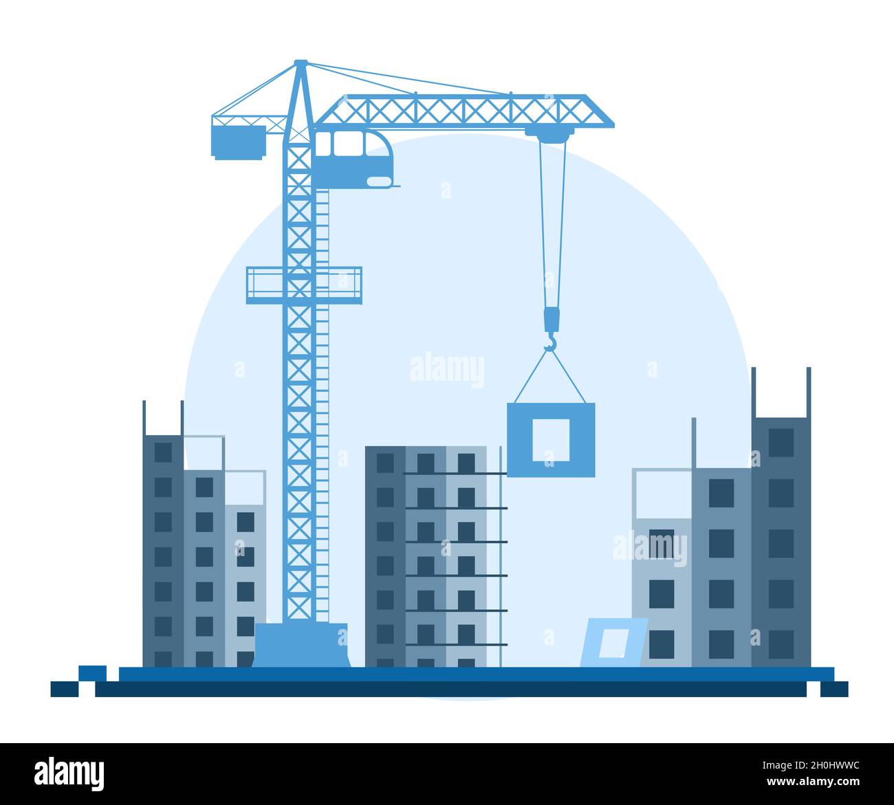 Construction of a new building. Silhouette. Cranes and Tractors. Modern ...