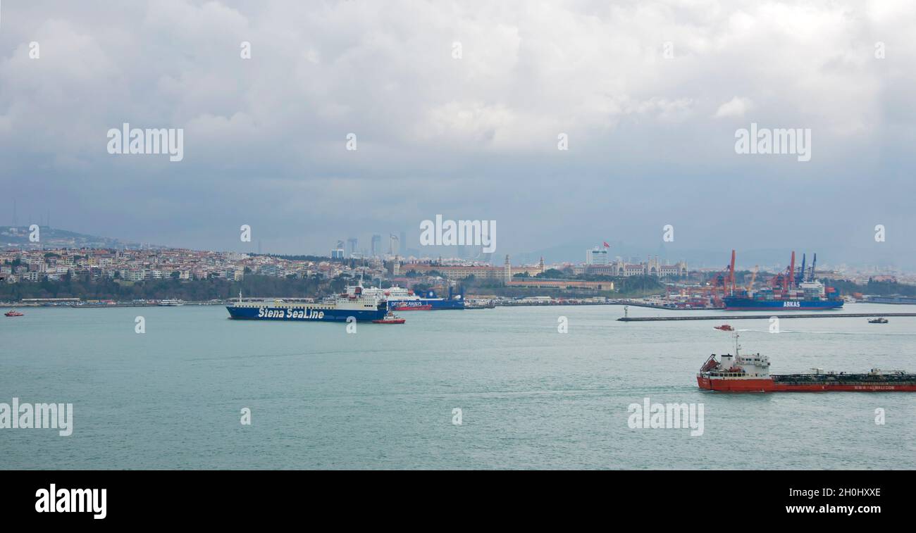 Large cargo ship tanker in the Bosphorus Strait in Istanbul, freight ...