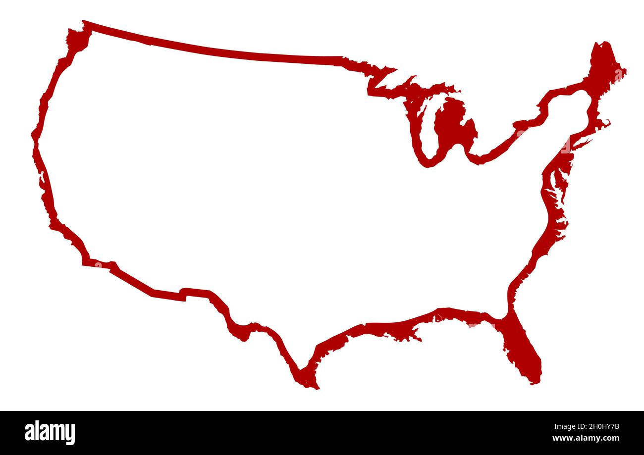 An outline silhouette map of The United States of America over a white ...