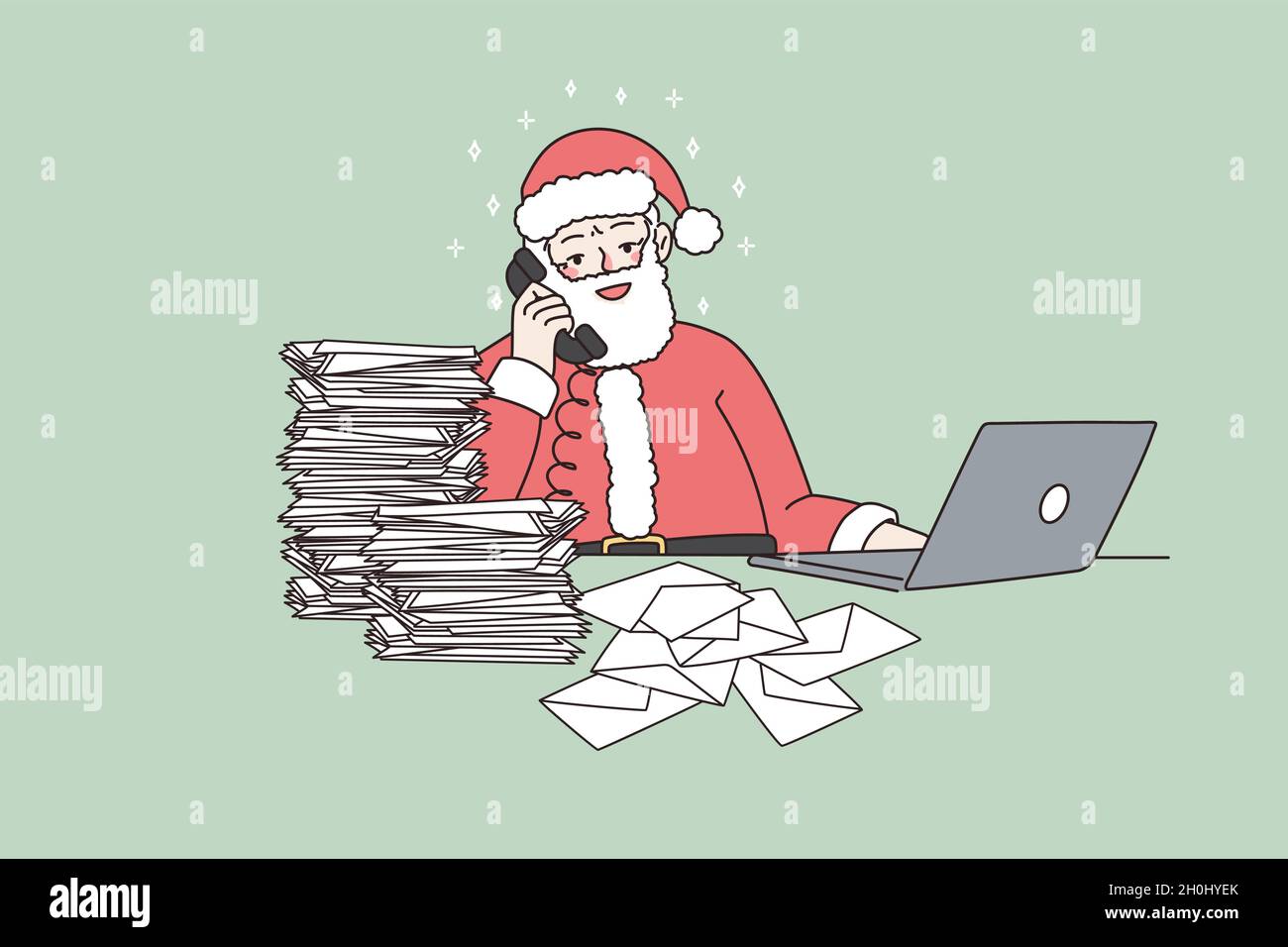 Modern Santa Claus at desk talk on phone answer paper letters work on ...