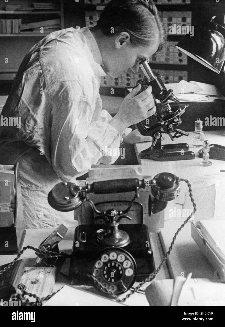 A researcher works on a microscope in the lab. [automated translation ...