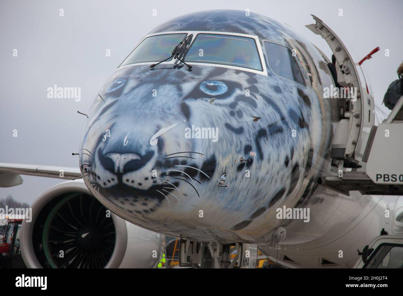 Kyiv, Ukraine - November 14, 2019: Airplane Embraer-190-E2 in the snow ...