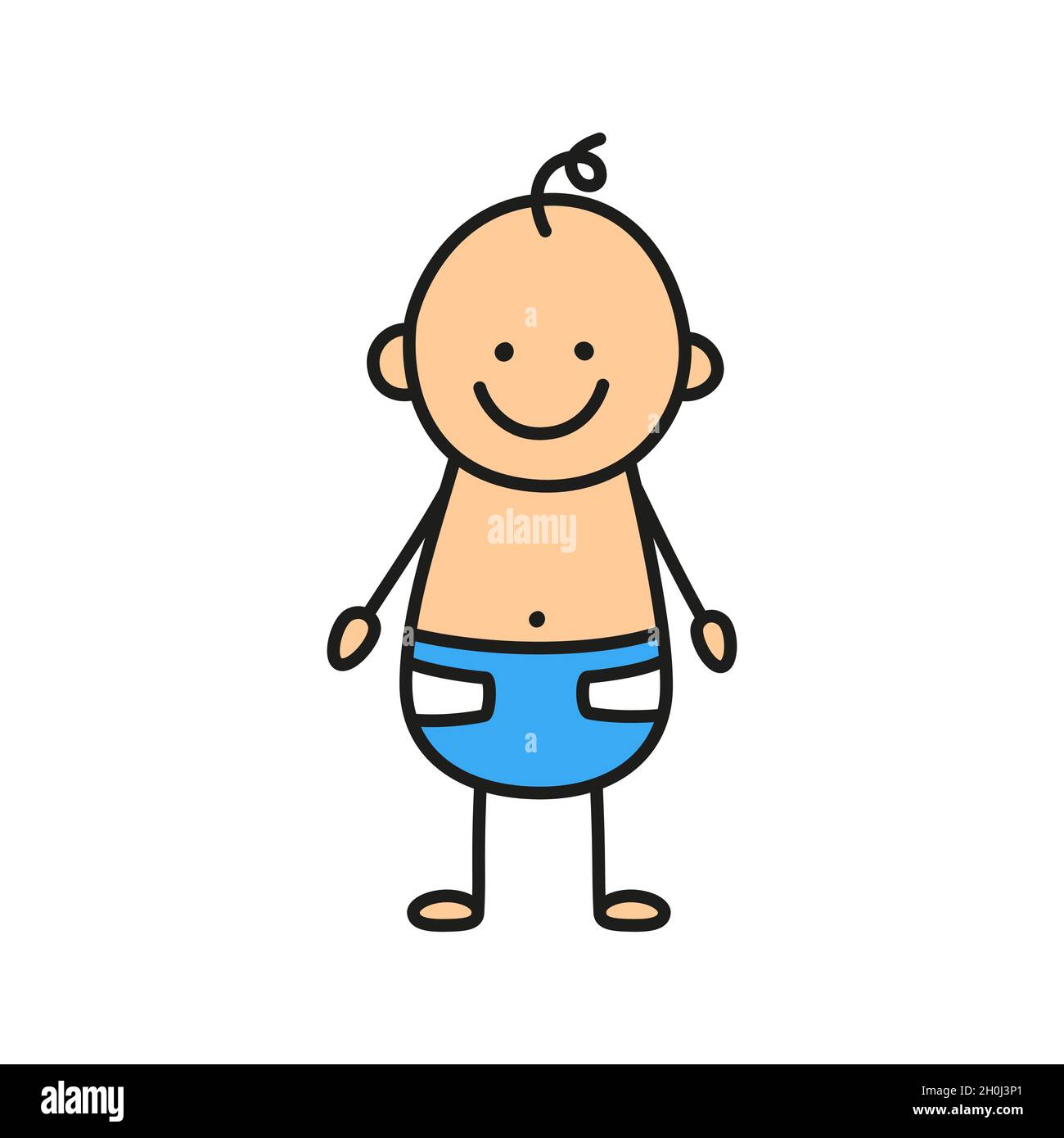 Happy doodle baby in a diaper. Hand drawn figure of small child. Little ...