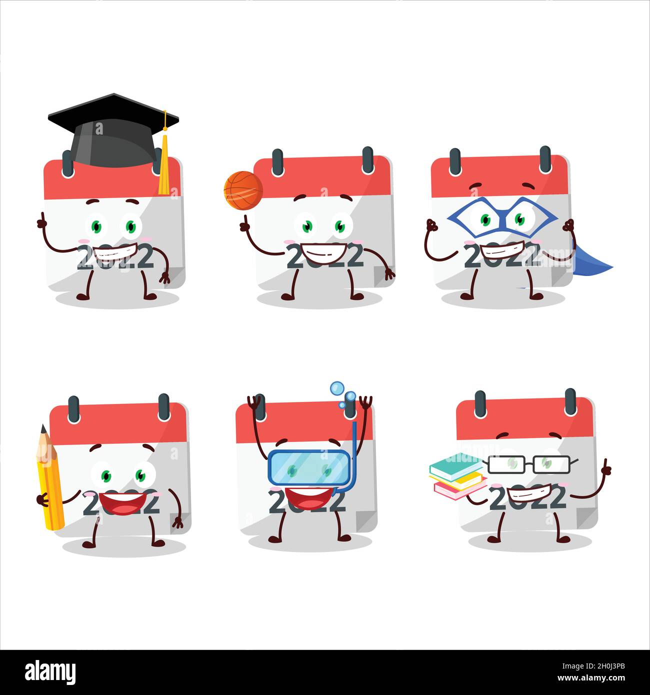 School student of 2022 calendar cartoon character with various ...