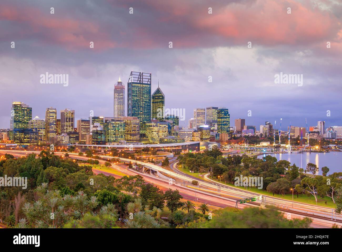 Downtown Perth skyline in Australia at twilight Stock Photo - Alamy