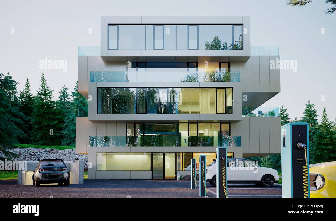 3d electric car and building Stock Photo - Alamy