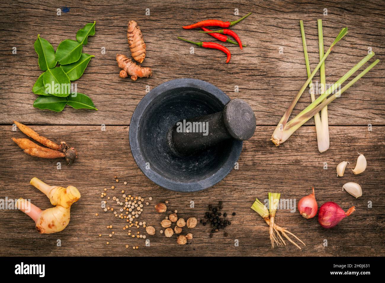 Assortment of Thai food Cooking ingredients .Red curry paste ...