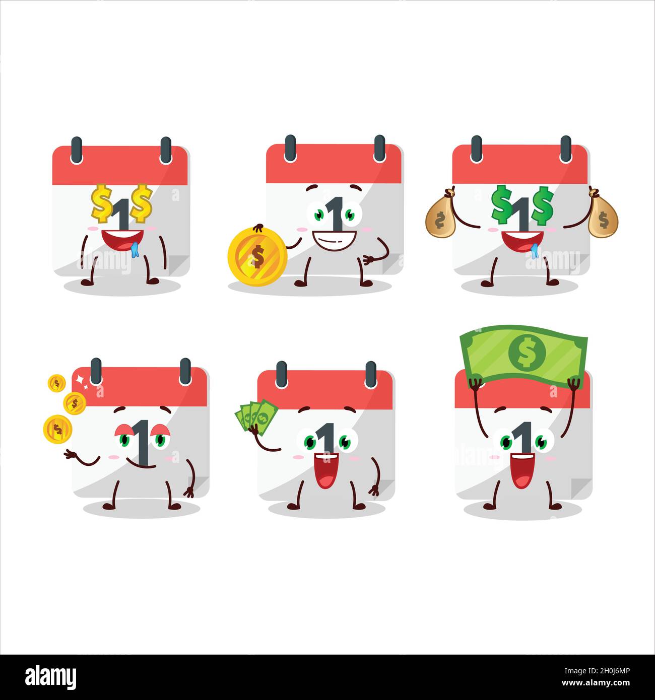 1st Calendar cartoon character with cute emoticon bring money. Vector ...