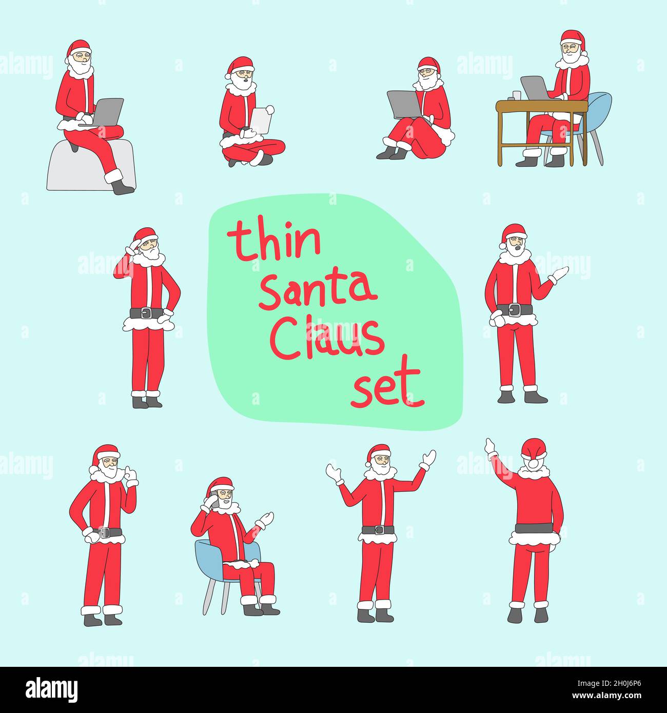 set of thin Santa Claus with various action with laptop computer and ...