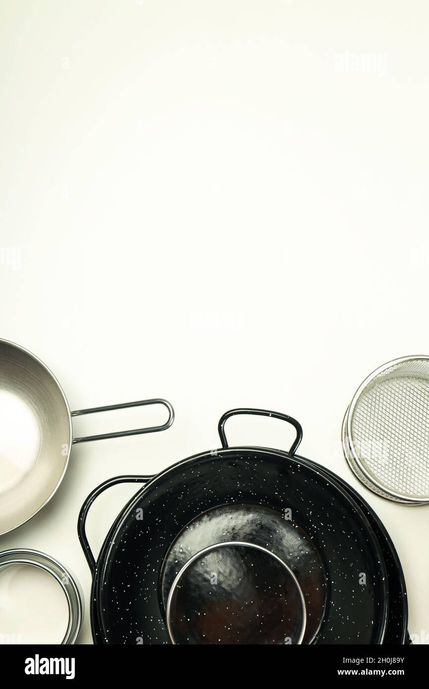 Set of different kitchen utensil on white background Stock Photo - Alamy