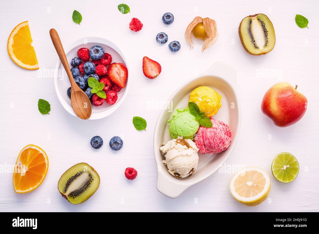 Colorful ice cream with mixed berry and various fruits raspberry ...