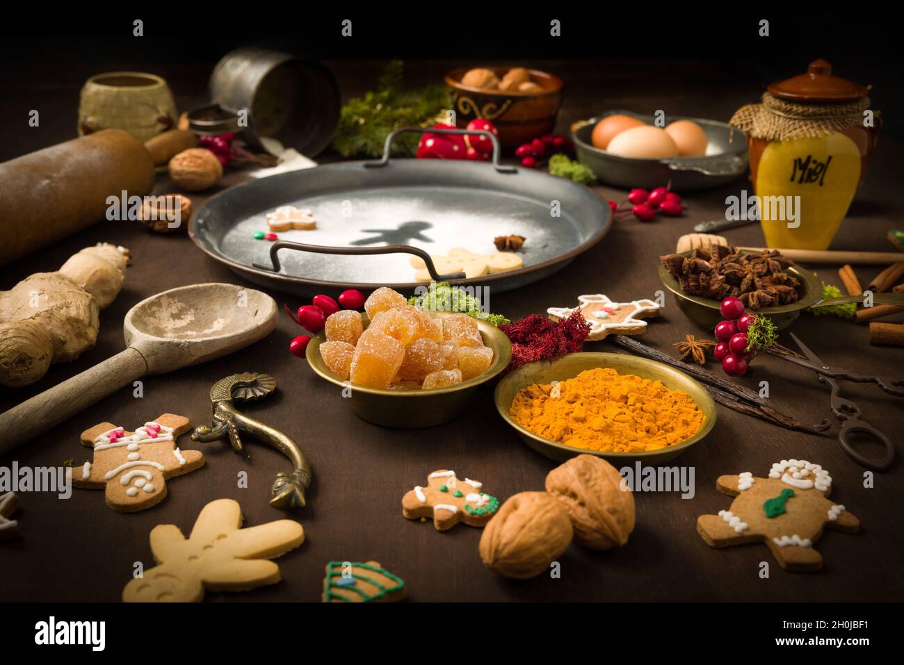 Vintage still life of Christmas gingerbread cookies and their ...