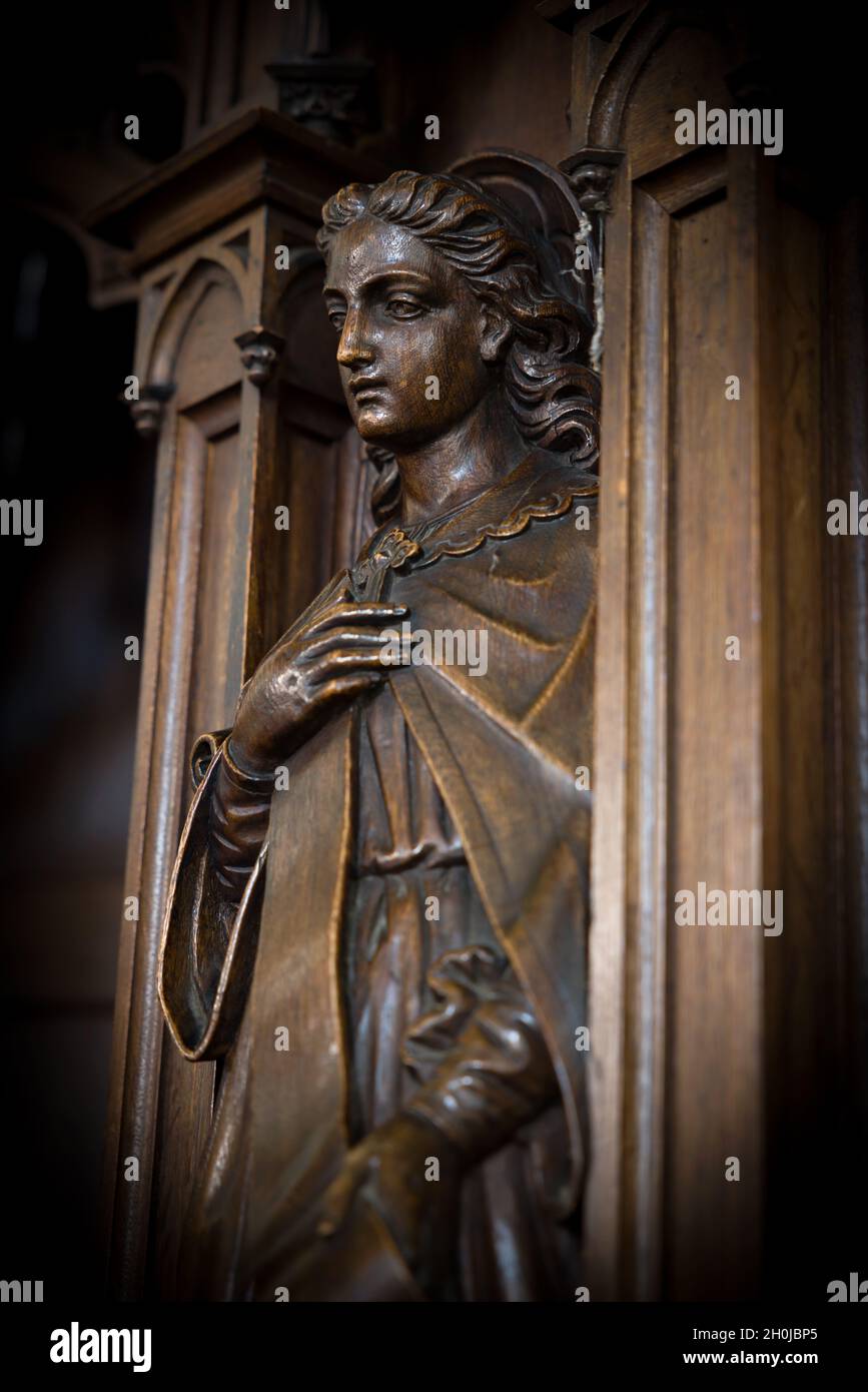 Wooden sculpted angel in the medieval church of Saint Nicolas in Veurne ...