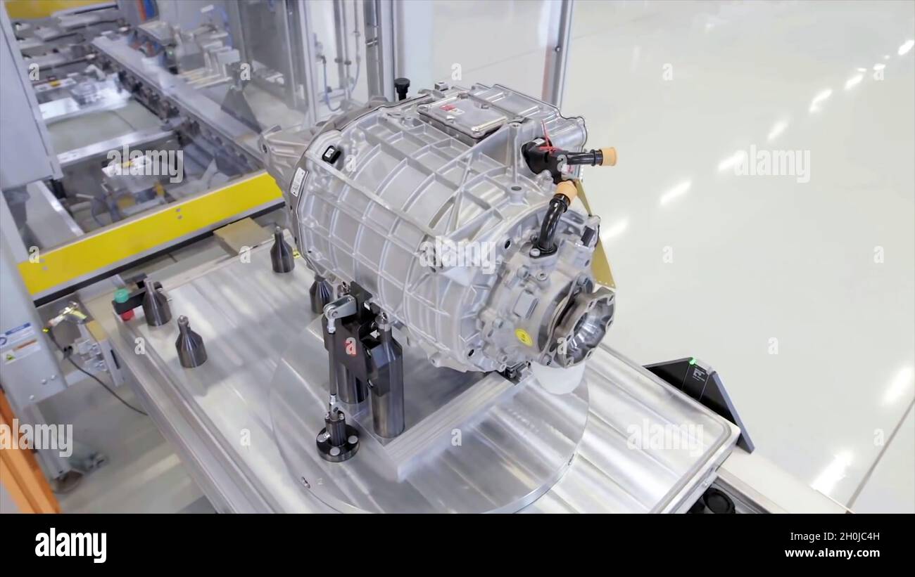 Close-up of an electric or hydrogen fuel cell car engine coming off the ...