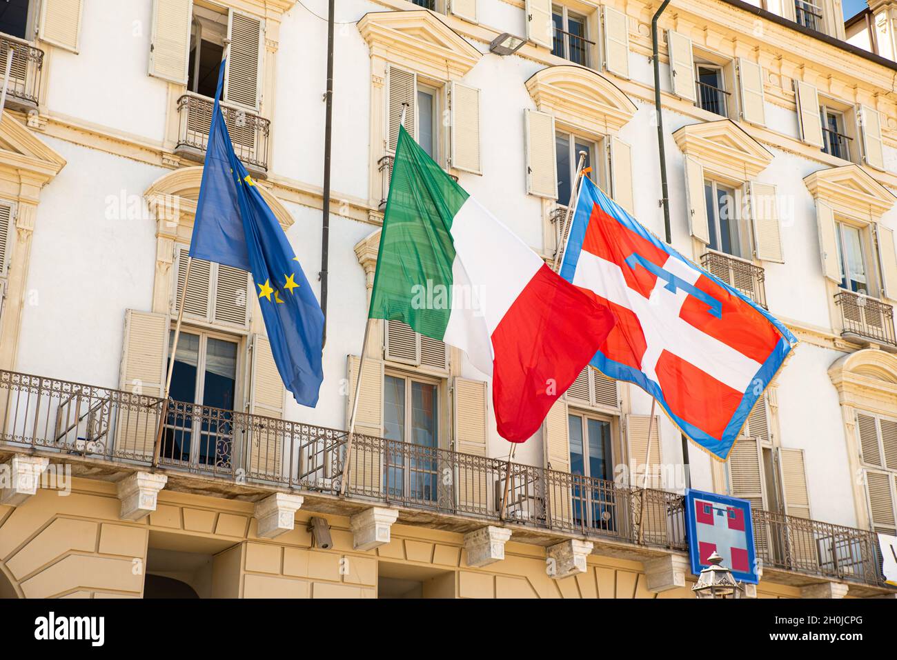 Turin, Italy. May 12, 2021. The flag of Europe, Italy and the Piedmont ...