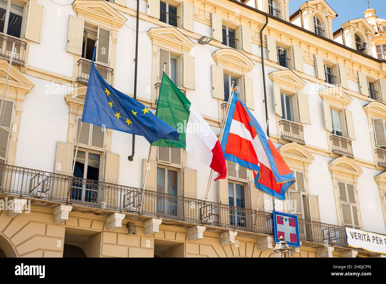 Turin, Italy. May 12, 2021. The flag of Europe, Italy and the Piedmont ...