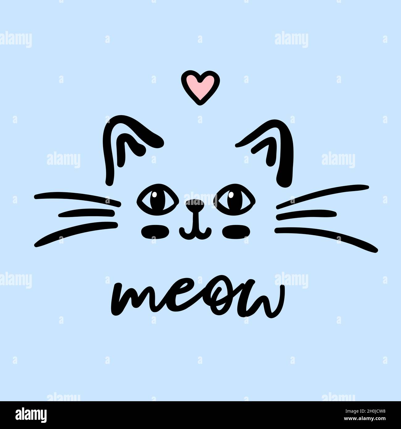 Cat cute face meow vector doodle illustration isolated on blue ...