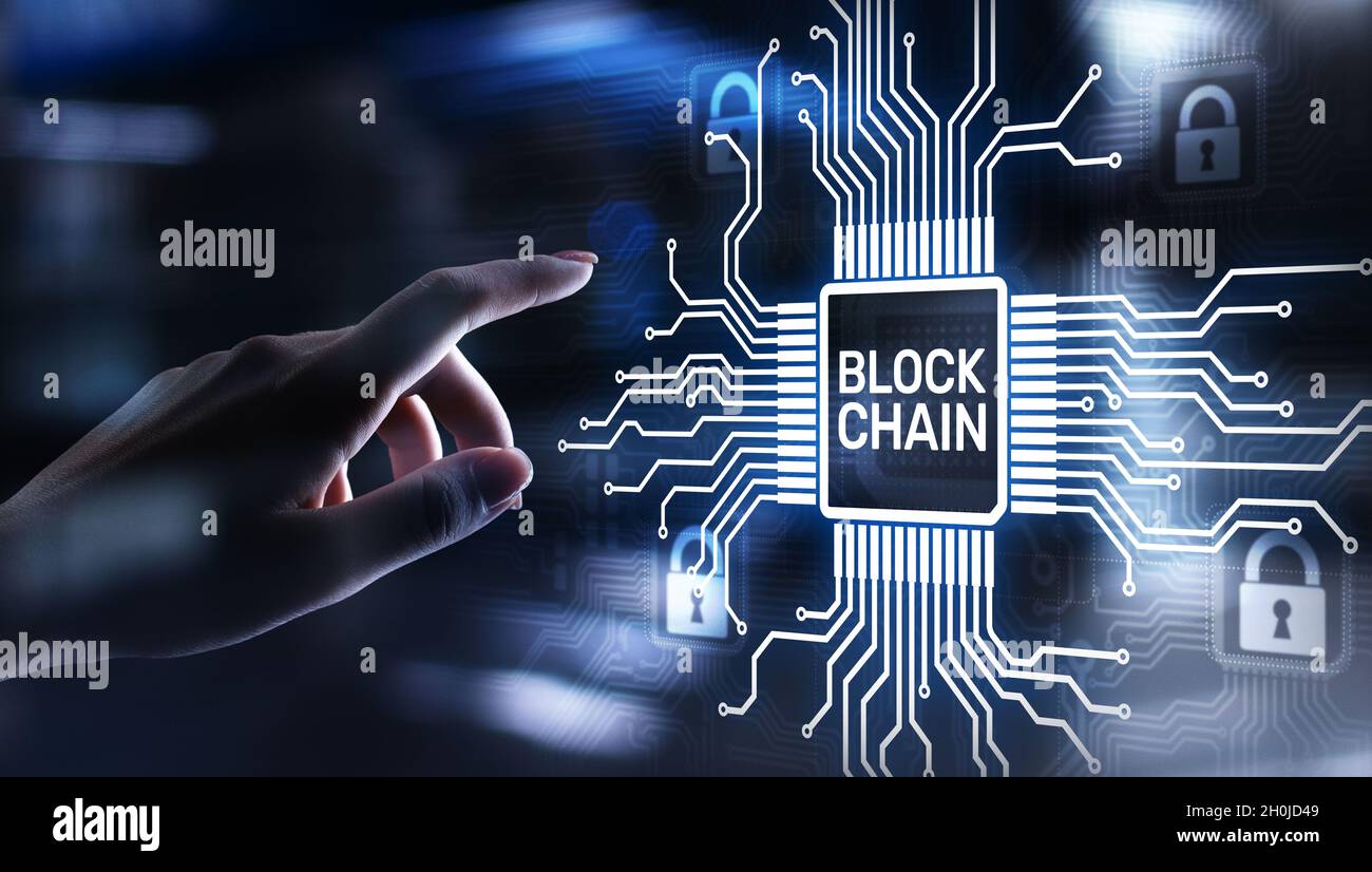 Blockchain technology concept on virtual screen. Cryptography and ...