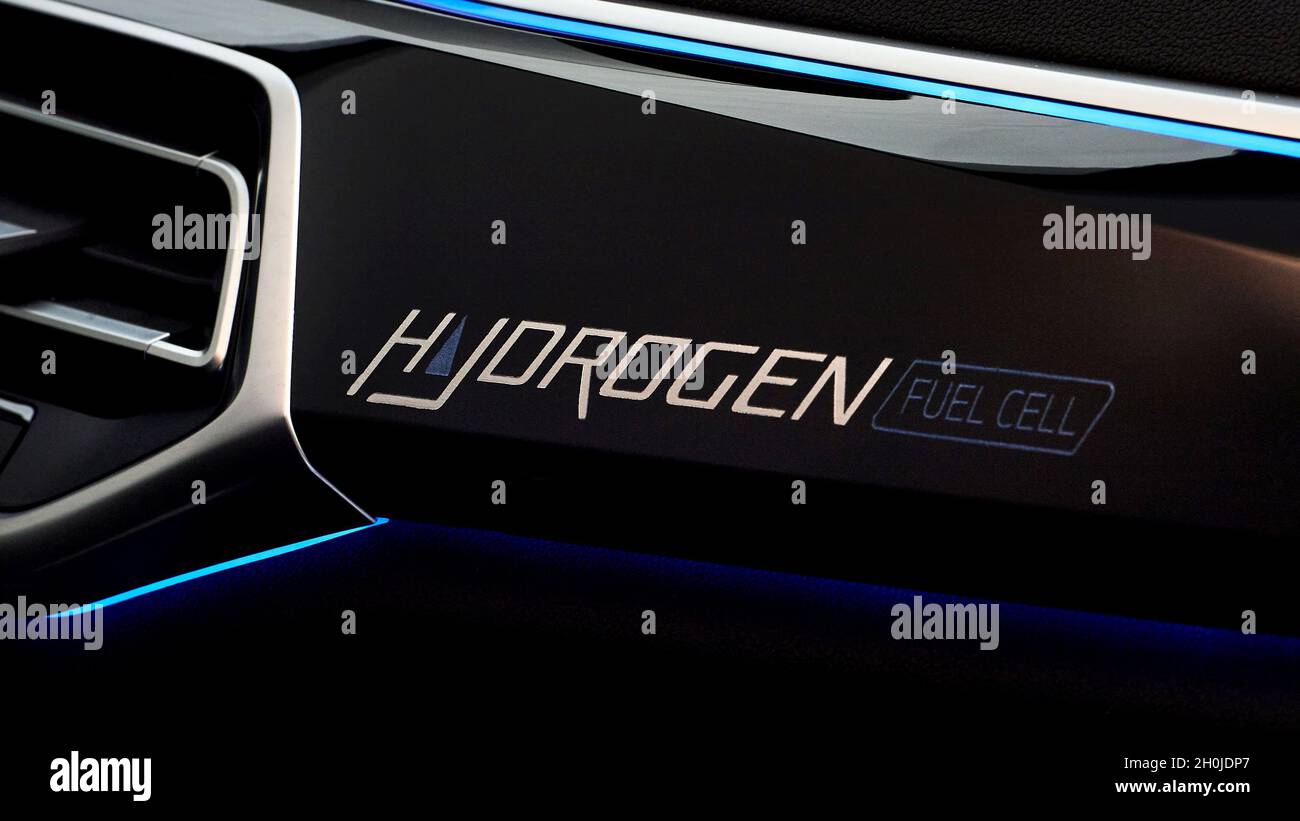 Close-up of the interior of a black car with hydrogen and fuel cell ...