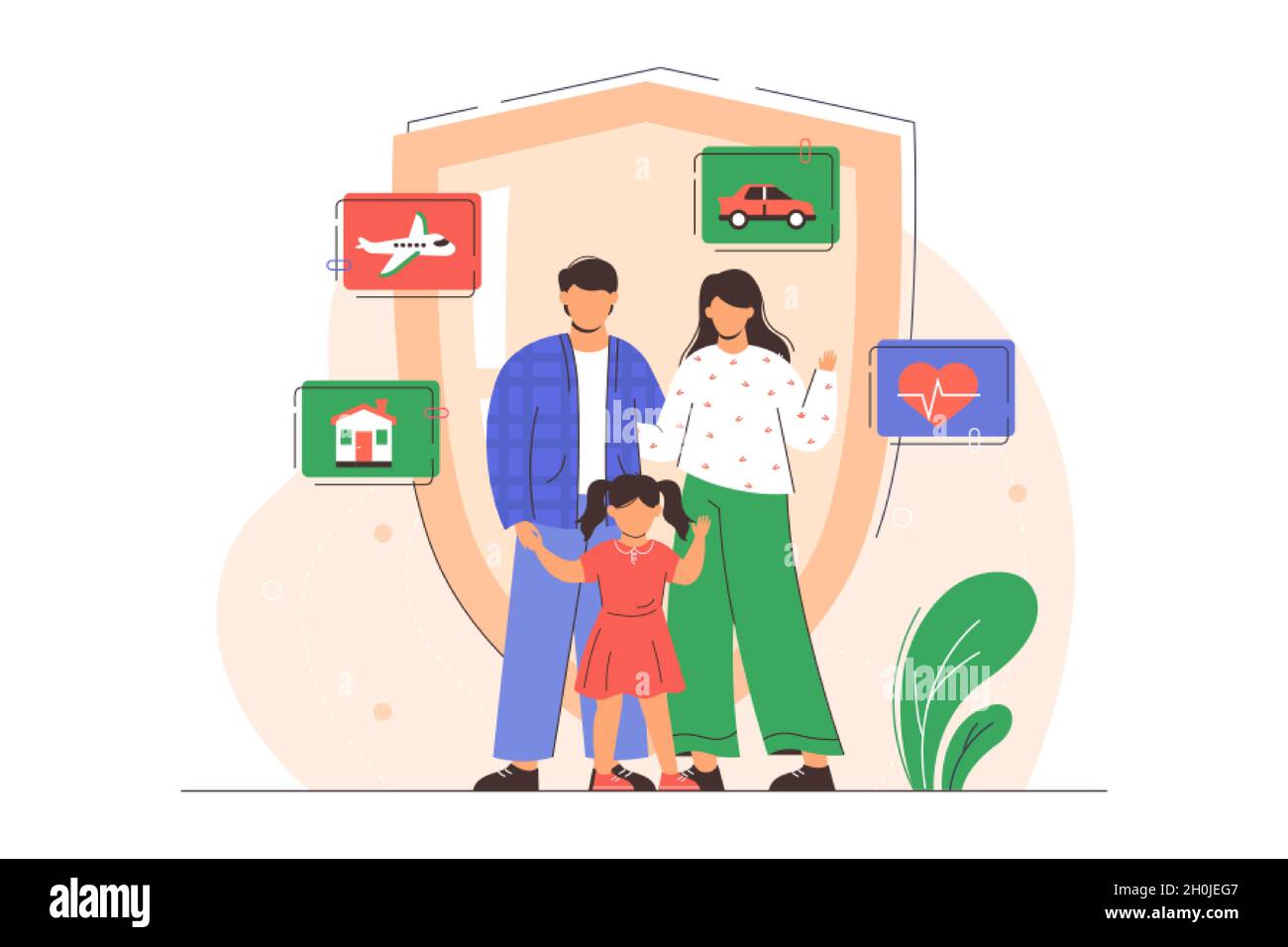 Home, car, travel and health insurance. Flat family with safety shield ...