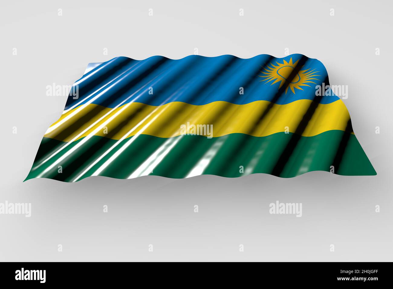 nice shining flag of Rwanda with large folds lie isolated on grey - any ...