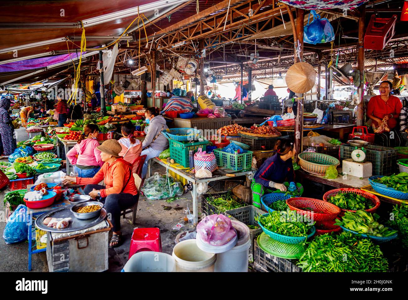 Morning market with women selling fruits and vegetables and fish Stock ...