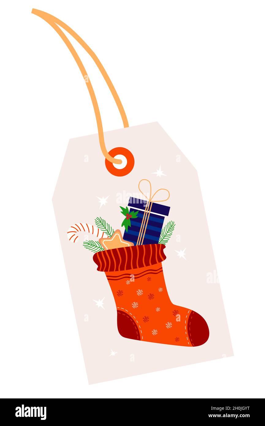 Christmas cute tags. Labels with Christmas sock with gifts, Gingerbread ...