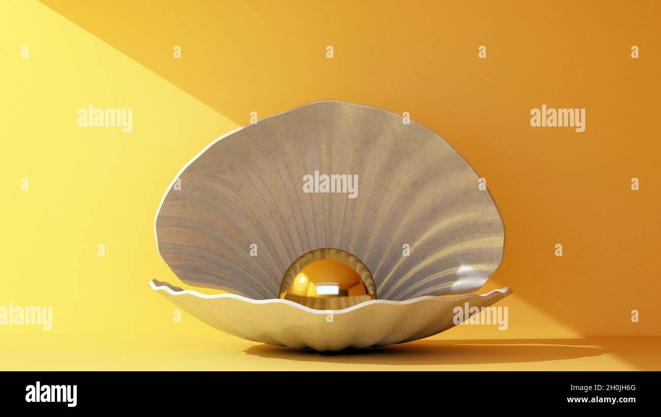 open seashell with golden pearl fron view. 3d rendering Stock Photo - Alamy