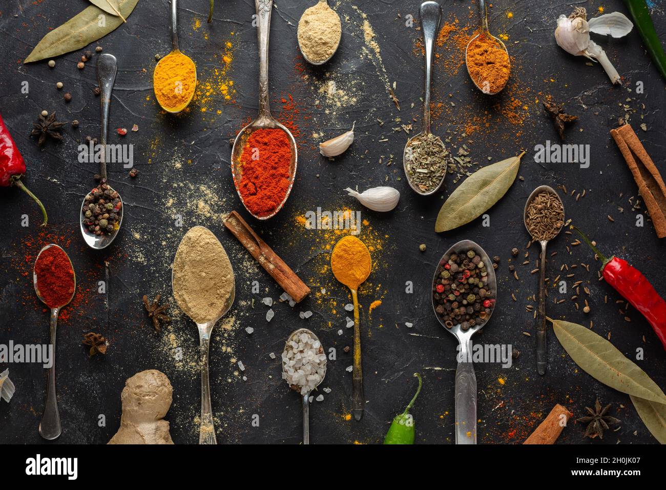 top view spices arrangement Stock Photo - Alamy
